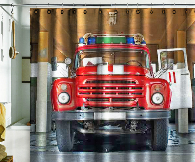Bath Shower Curtain firecar fire fireman 911 flame flare blaze ...