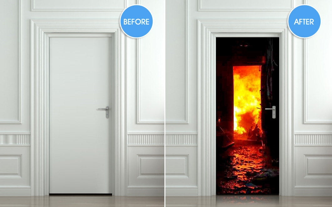 Self adhesive door covering - Fire, fireman conflagration, flame, flar ...